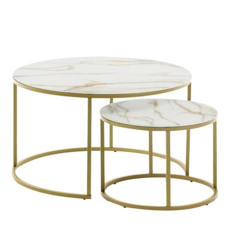 Set di 2 tavolini rotondi 80 e 50 Vetro bianco e acciaio oro KosyForm